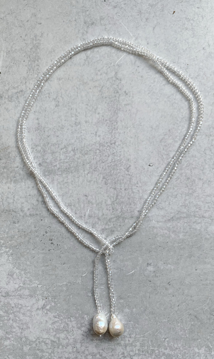 Clear Crystal & White Baroque Pearl Lariat – O'Day Cache